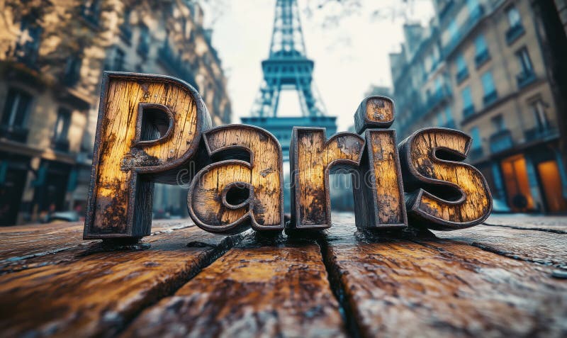 Paris Wooden Text with Eiffel Tower in Background Showcasing Iconic ...