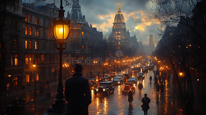 Parisian Man, Twilight Street, Rain, Traffic, Dome Stock Illustration ...