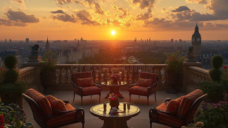 Parisian Rooftop Terrace Sunset View Overlooking London Stock ...
