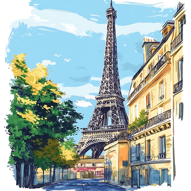 Parisian Street Scene with Eiffel Tower. (4 Stock Illustration ...
