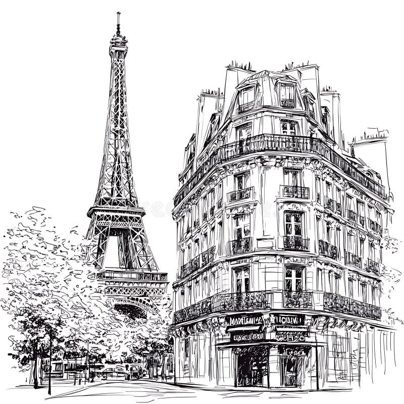 Parisian Street Scene with Eiffel Tower and Building Sketch Stock ...