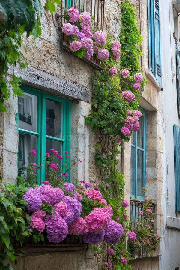 A Parisian Window Adorned with Lush, Flowering Hydrangeas. Stock Image ...