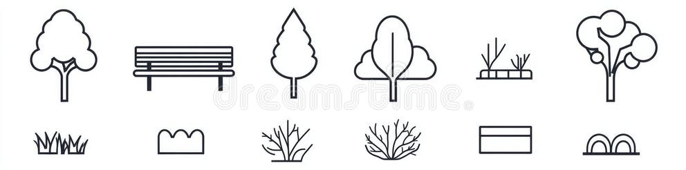 A Park Area with a Bench, Tree, and Open Space, Editable Stroke Width ...