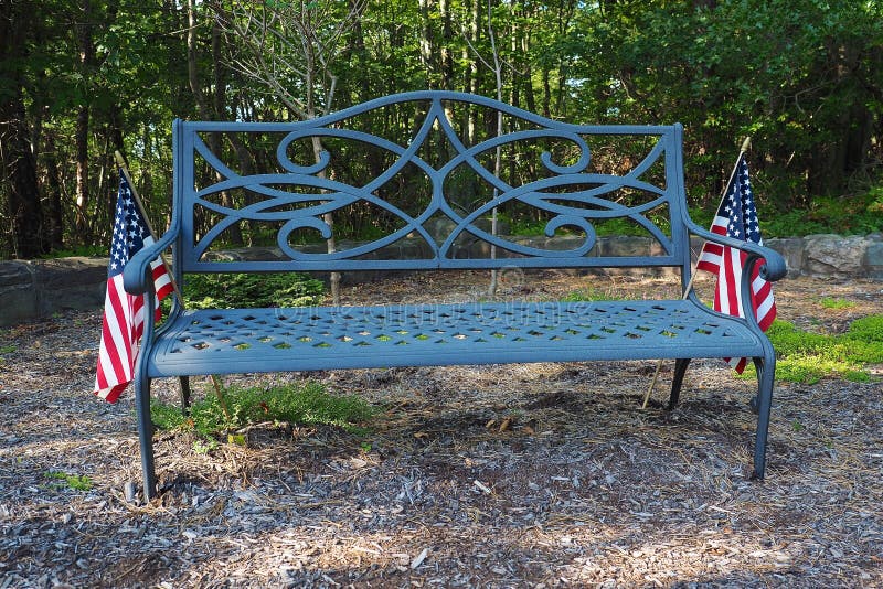 Park Bench with American Flags Stock Image - Image of glory, flags ...