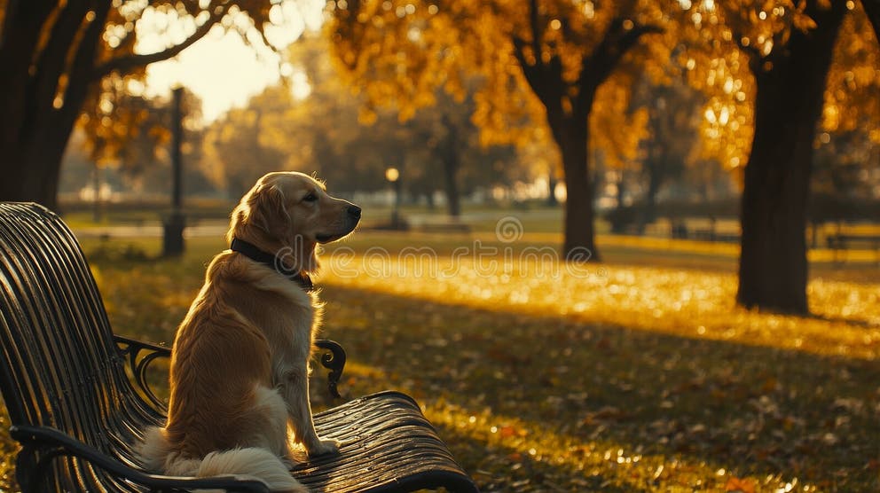 With a Park Bench in the Background, a Dog Sits on the Grass. Stock ...