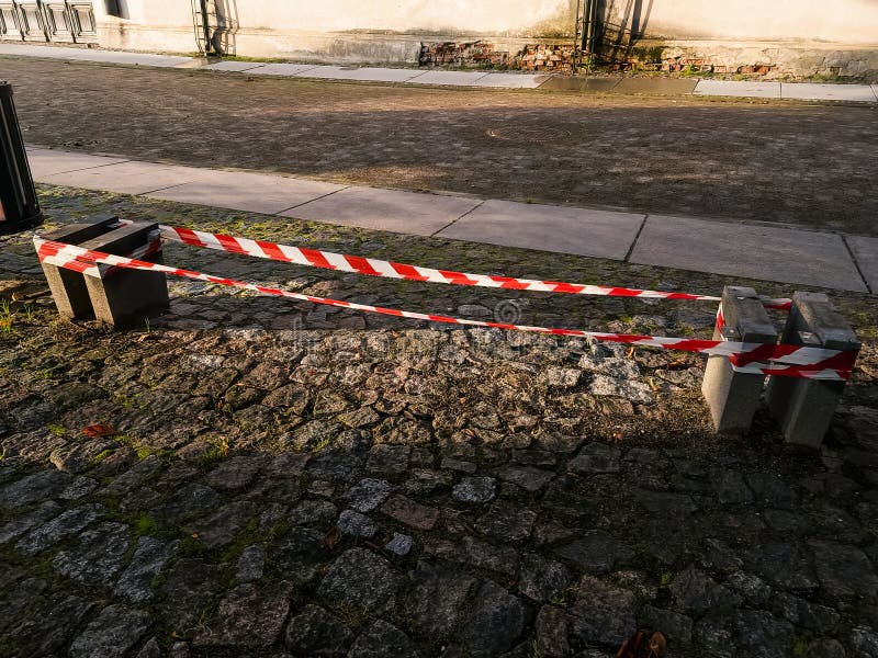 The Park Bench is Being Repaired. White and Red Ribbon Stock Image ...