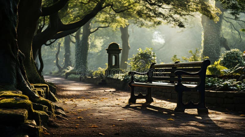 A Park Bench Casting a Shadow on a Path Landscape Background Stock ...