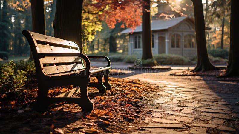 A Park Bench Casting a Shadow on a Path Landscape Background Stock ...