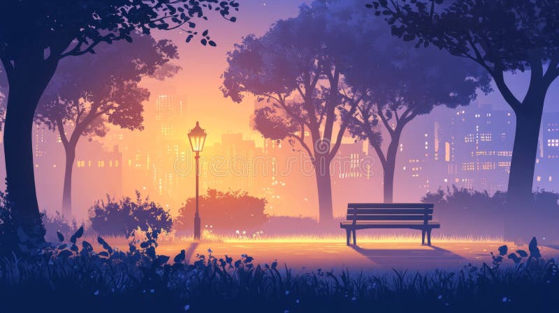 A Park Bench at Dusk with a City Skyline in the Background Stock ...