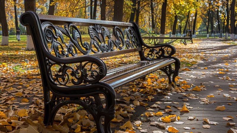 Park Bench with Fallen Leaves Stock Photo - Image of serene, bench ...