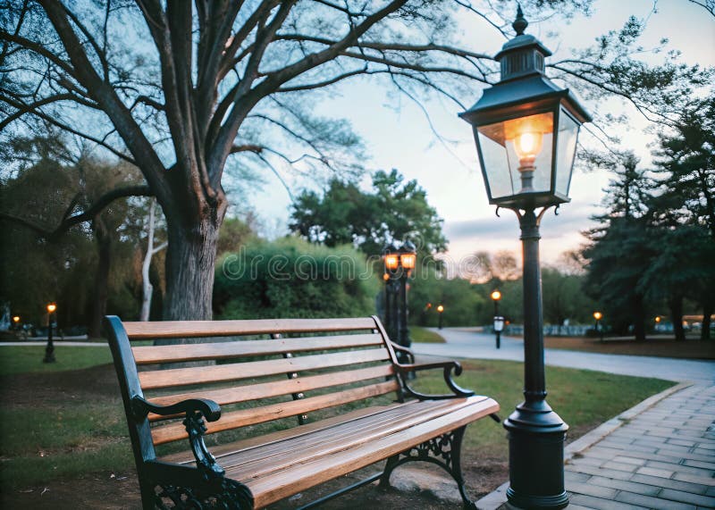 A Park Bench is in the Foreground of a Park with a Lamp Post in the ...