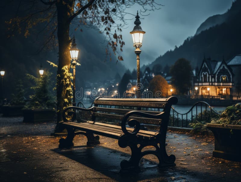 A Park Bench in Front of a House at Night Stock Illustration ...