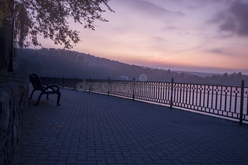 Park Bench by the Lake at Sunset Day Stock Photo - Image of landmark ...
