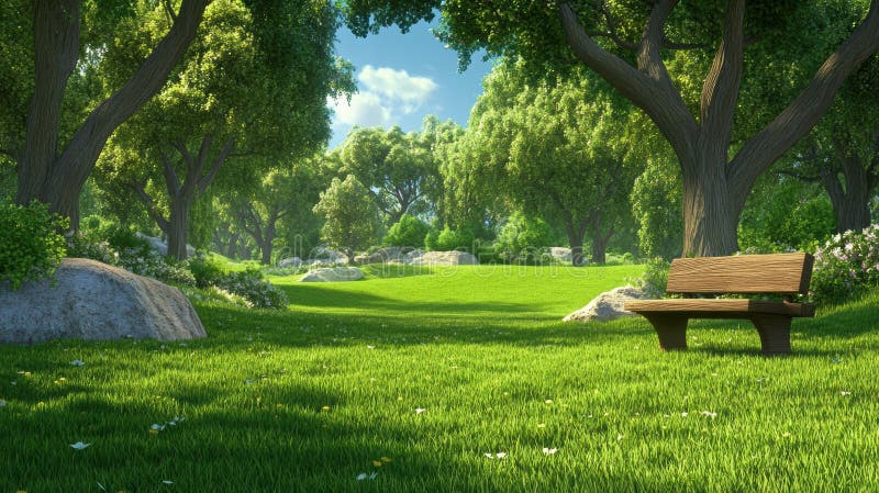 A Park Bench in a Lush Green Field with Trees and Rocks, AI Stock Image ...