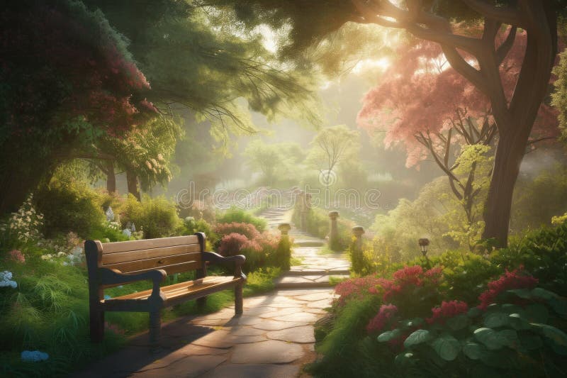 A Park Bench in the Middle of a Garden. Generative AI Image. Stock ...