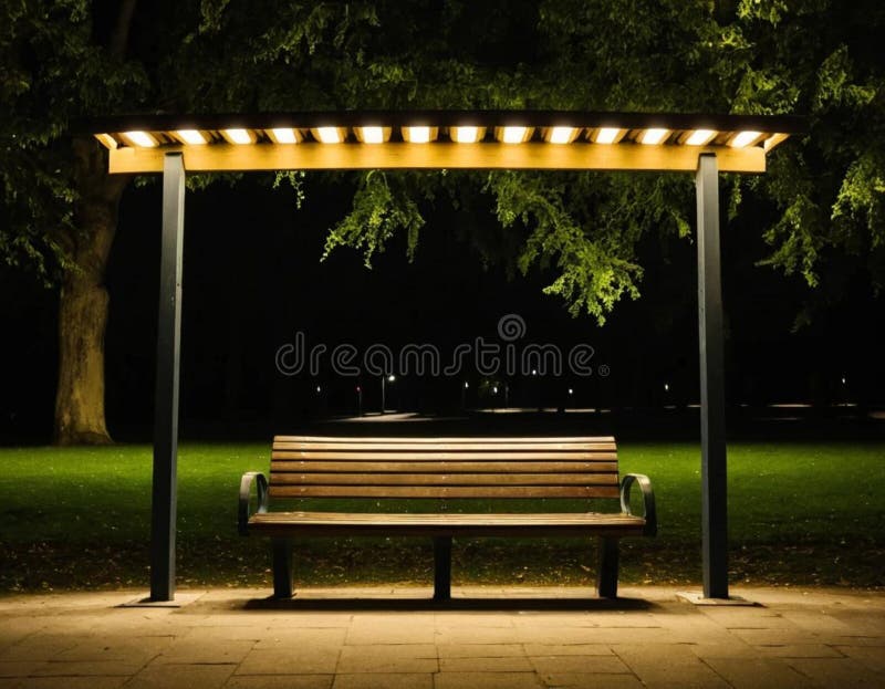 A Park Bench at Night with Lights from Poles Stock Illustration ...