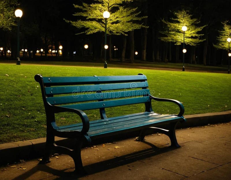 A Park Bench at Night with Lights from Poles Stock Illustration ...