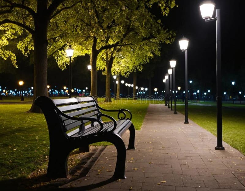 A Park Bench at Night with Lights from Poles Stock Illustration ...