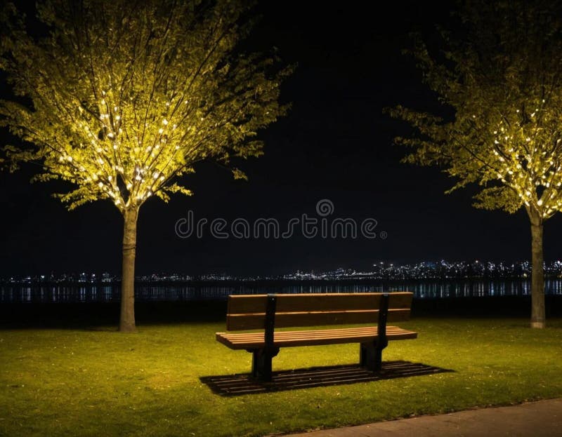 A Park Bench at Night with Lights from Poles Stock Illustration ...