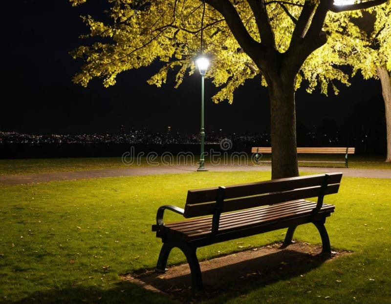 A Park Bench at Night with Lights from Poles Stock Illustration ...