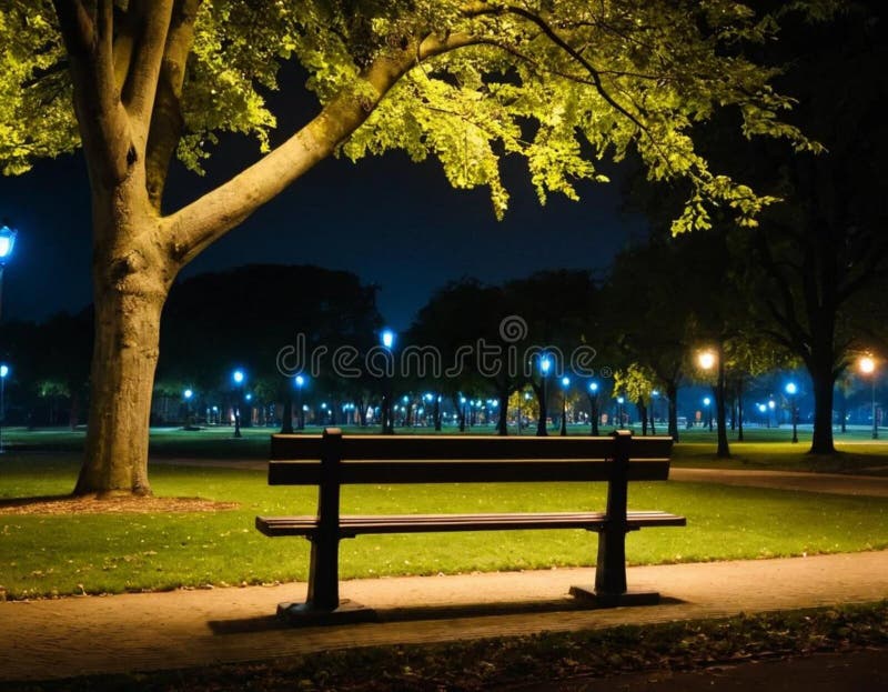 A Park Bench at Night with Lights from Poles Stock Illustration ...