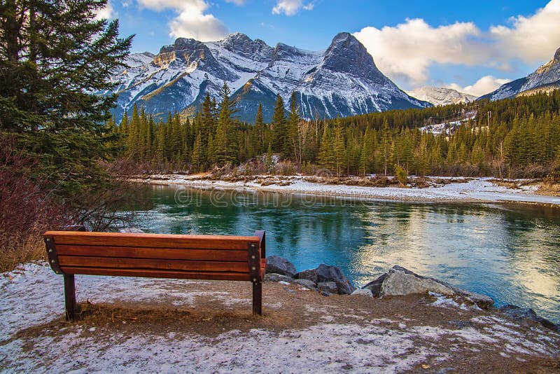Bench Looking Out Over the Canmore River Valley Stock Image - Image of ...