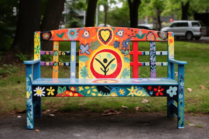 Park Bench Painted with Peace Signs Stock Photo - Image of public ...