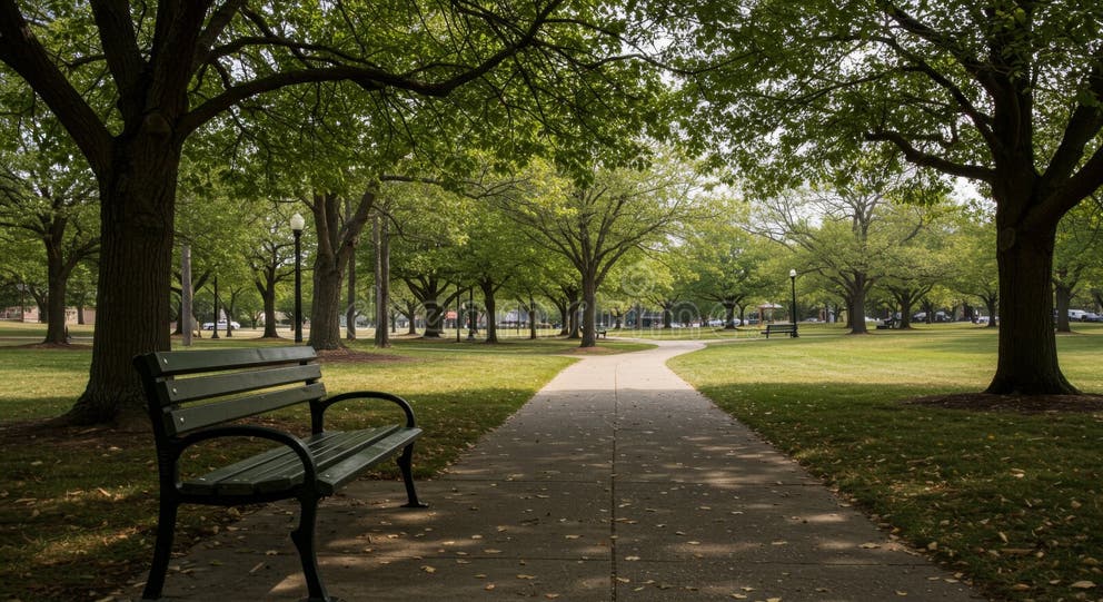 Park Bench Path Sunlight Green Trees Summer Day Stock Illustration ...