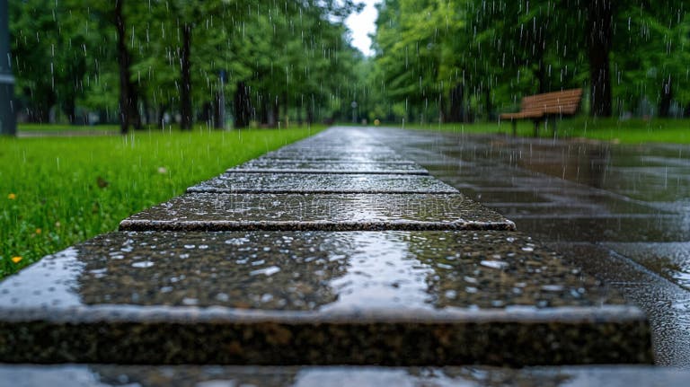 A Park Bench on a Rainy Day. Stock Photo - Image of large, light: 376661886