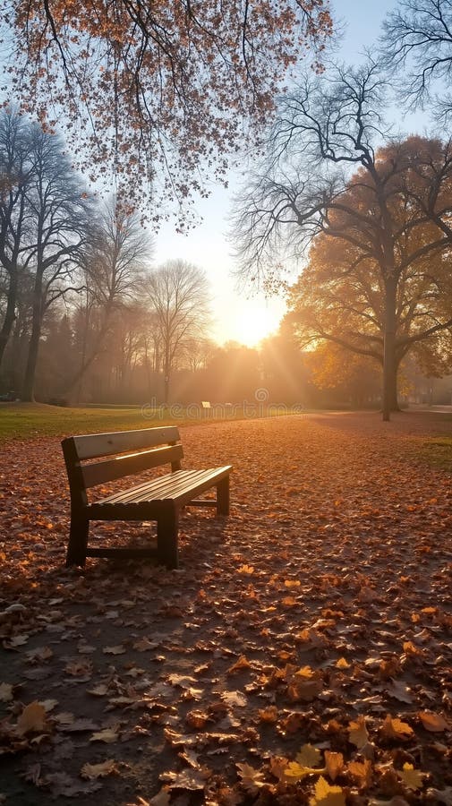 A Park Bench Sitting in the Middle of a Park Covered in Leaves Stock ...