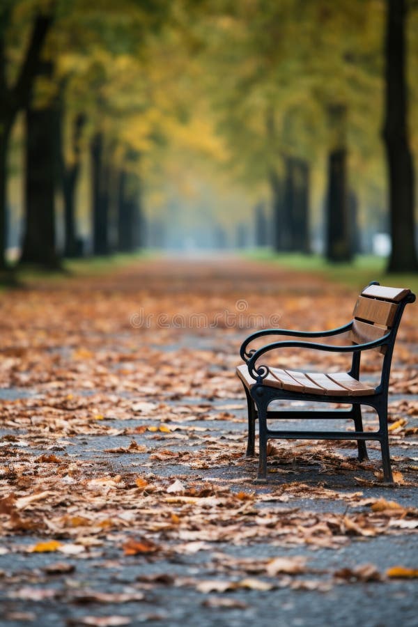 A Park Bench Sitting in the Middle of a Leaf Covered Path, AI Stock ...