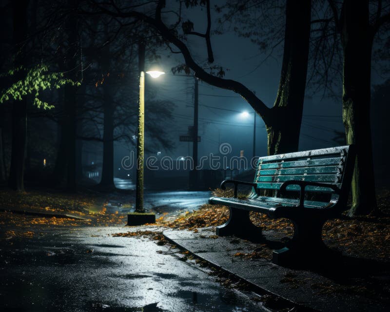 A Park Bench Sitting in the Middle of the Road at Night Stock ...