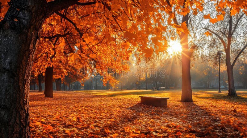 A Park Bench Sitting Under a Tree in the Fall Stock Illustration ...