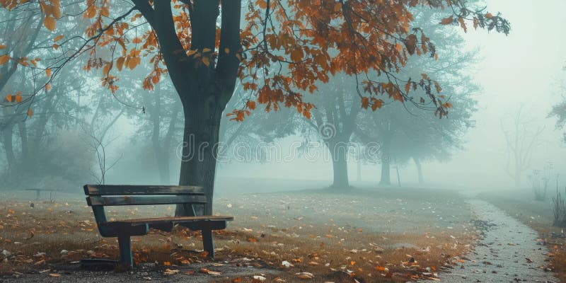 A Park Bench Sitting Under a Tree in the Fog. Suitable for Outdoor and ...