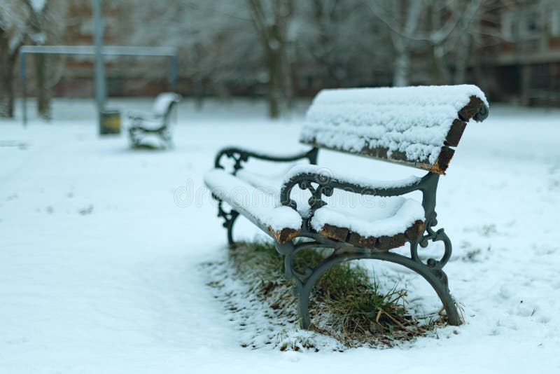 Park bench in snow stock photo. Image of public, wooden - 136625870