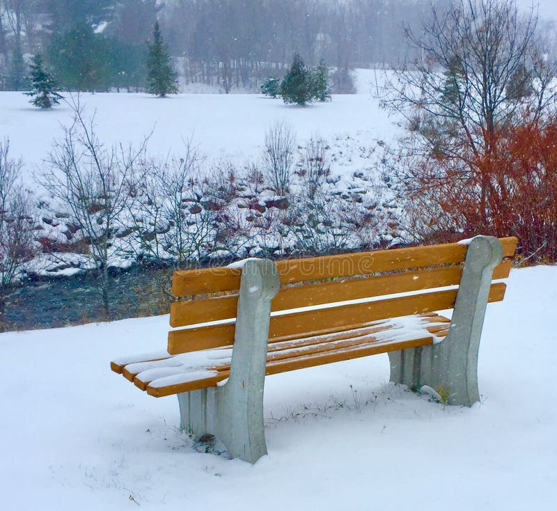 Park Bench on a Snowy Day stock image. Image of river - 131925829