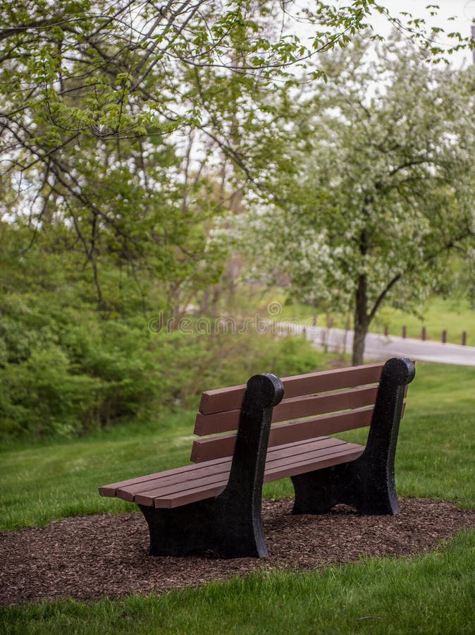 Park Bench in Springtime Landscape Stock Image - Image of thinking ...