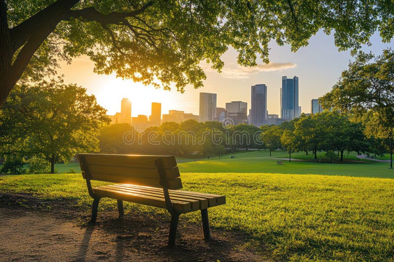 Park Bench at Sunset with City Skyline View Stock Image - Image of ...