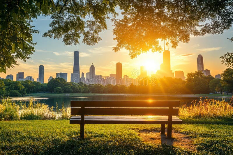 Park Bench at Sunset with City Skyline View Stock Image - Image of ...
