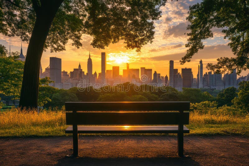 Park Bench at Sunset with City Skyline View Stock Photo - Image of rest ...