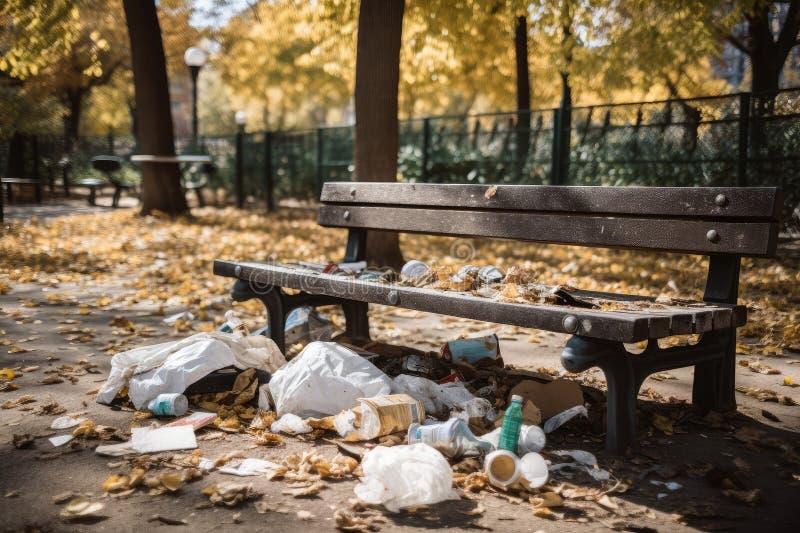 A Park Bench Surrounded by Litter and Trash Stock Illustration ...