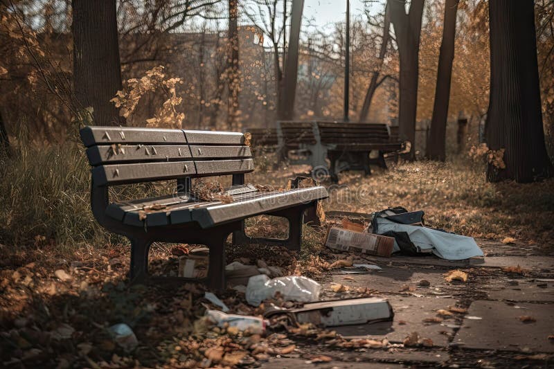 A Park Bench Surrounded by Litter and Trash Stock Illustration ...