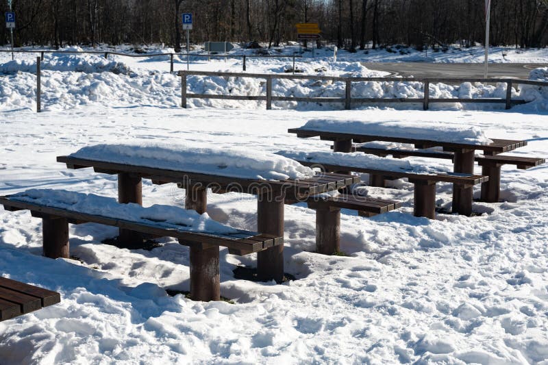 Park Bench and Table with Lots of Snow Stock Image - Image of germany ...