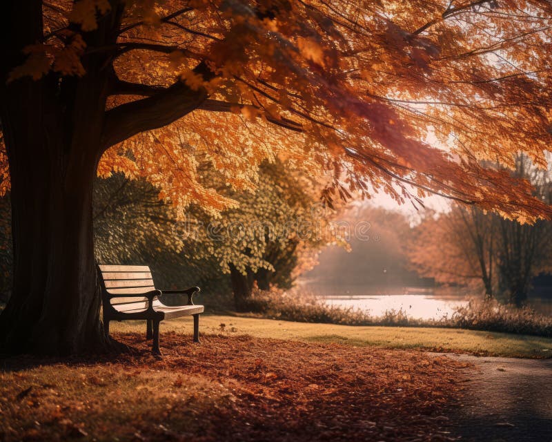 A Park Bench Under an Autumn Tree Stock Illustration - Illustration of ...