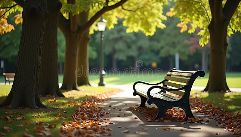 Park Bench Under Autumn Trees Fallen Leaves Pathway Stock Photos - Free ...