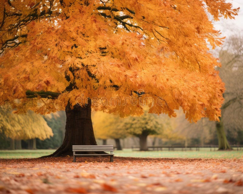 A Park Bench Under a Large Tree with Leaves on the Ground Stock ...