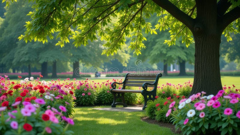 A Park with a Bench Under a Tree and Flowers in the Background Stock ...