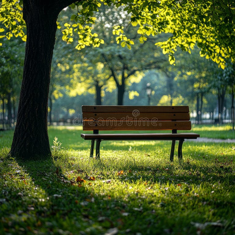 Park Bench Under a Tree with Sunlight Filtering through Leaves. Stock ...