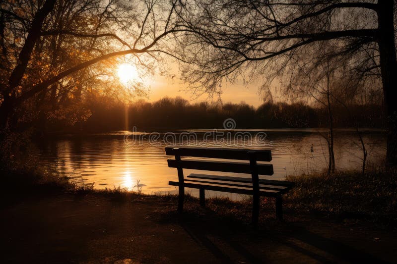 Park Bench, with View of the Sun Setting Over a Lake Stock Illustration ...