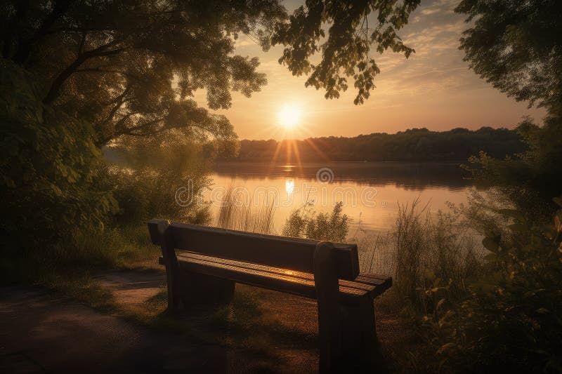 Park Bench, with View of the Sun Setting Over a Lake Stock Illustration ...